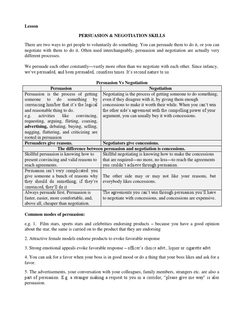 Persuasion vs. Negotiation Skills | PDF | Negotiation | Attitude ...