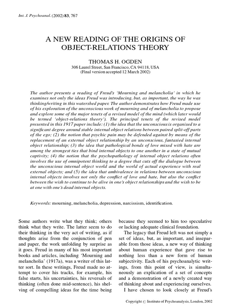 Ogden2002 New Reading of The Origins of Object Realations Theory PDF ...