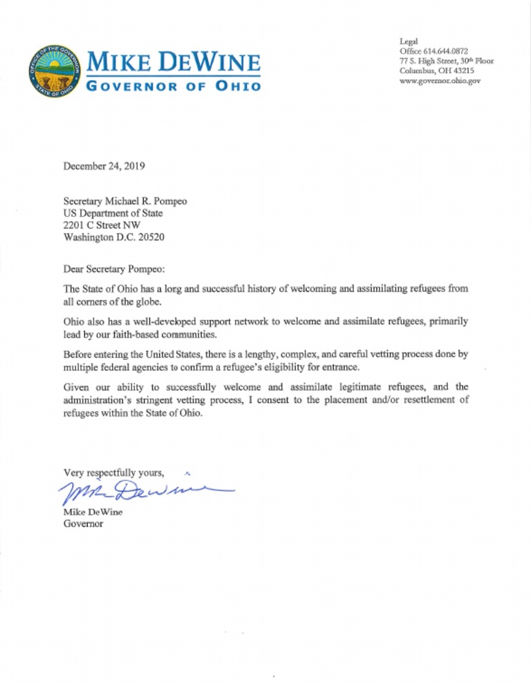 DeWine Refugee Letter 12-24-19