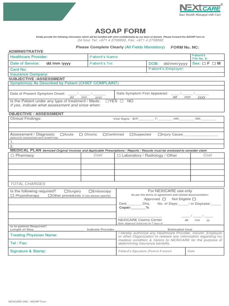 'NEXtCARE UAE - ASOAP Form | Download Free PDF | Patient | Symptom