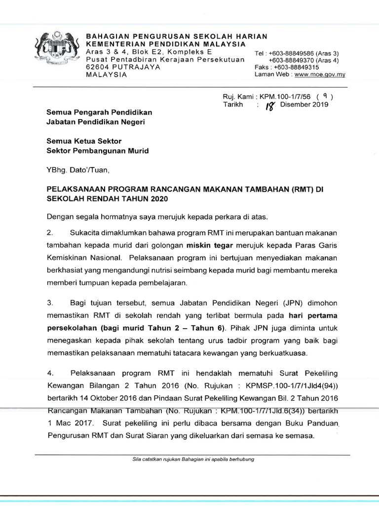 Surat Arahan Pelaksanaan RMT 2020 | PDF