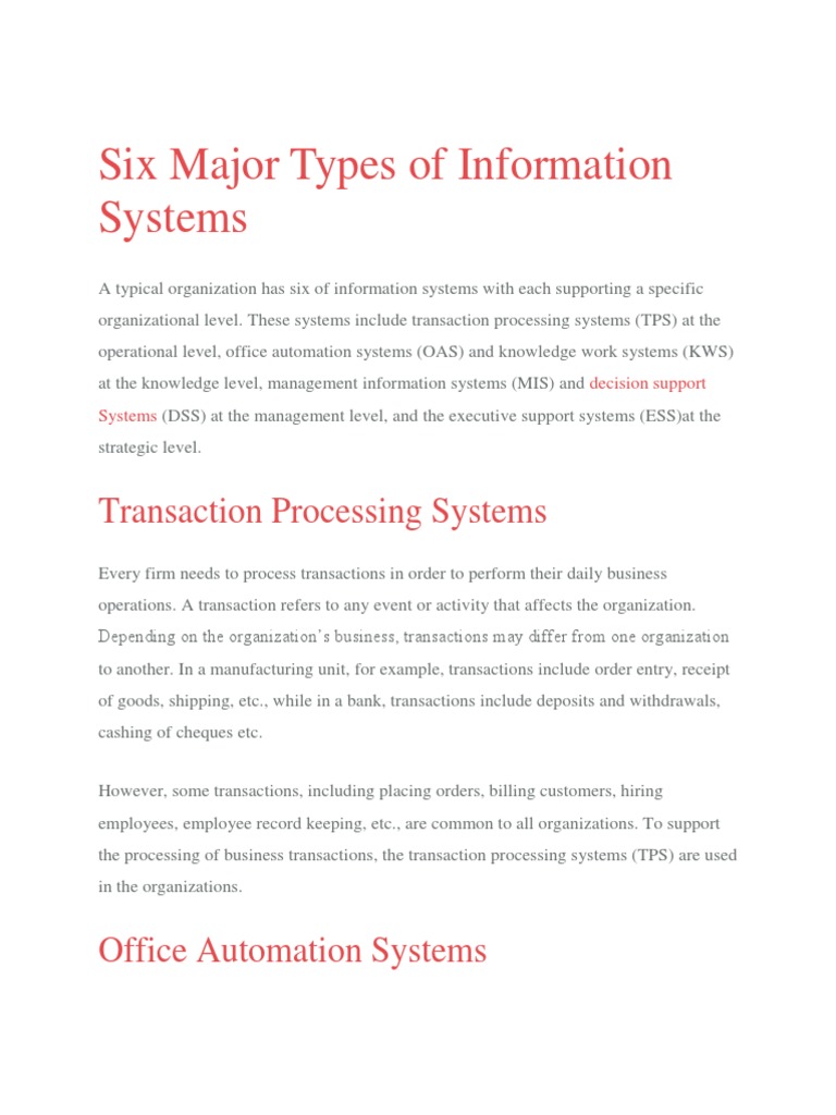 Major Types of Information Systems | PDF | Decision Support System ...