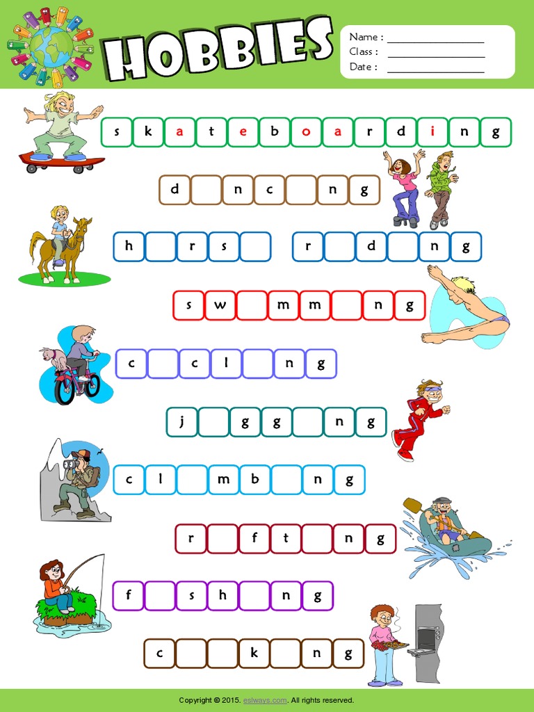 Hobbies Esl Vocabulary Missing Letters in Words Worksheet For Kids | PDF