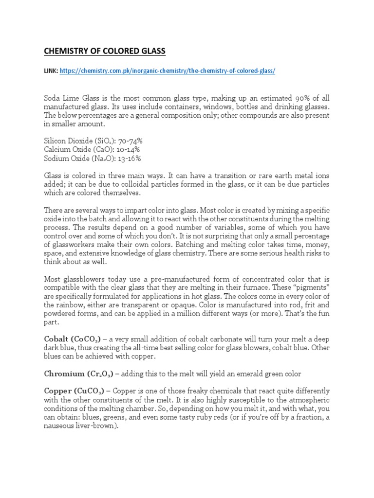 Chemistry of Colored Glass | PDF | Cobalt | Glasses