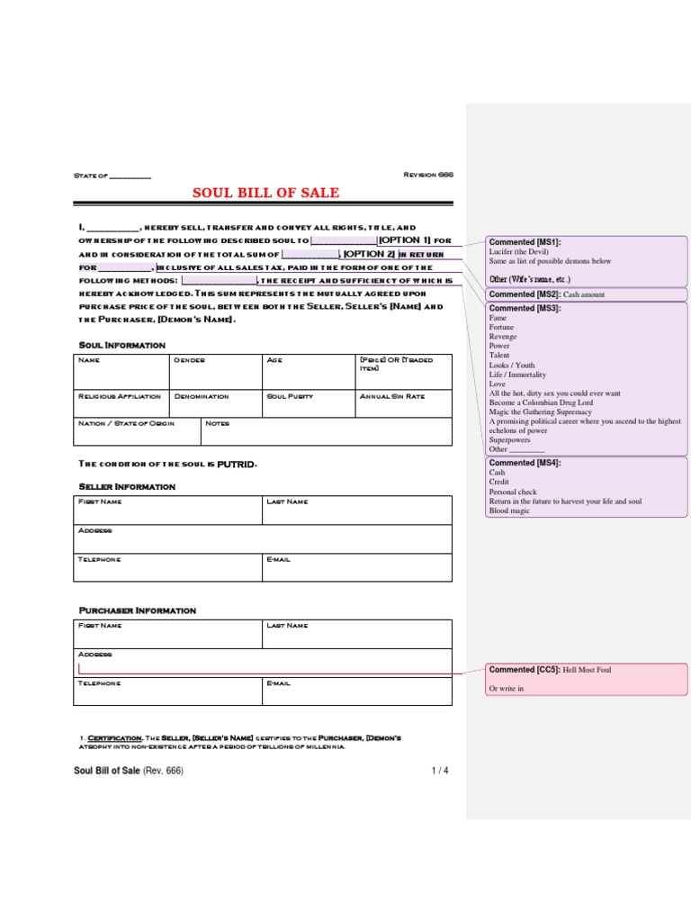 Soul Bill of Sale Are You Sure You Want To Do This | PDF | Bill Of Sale ...