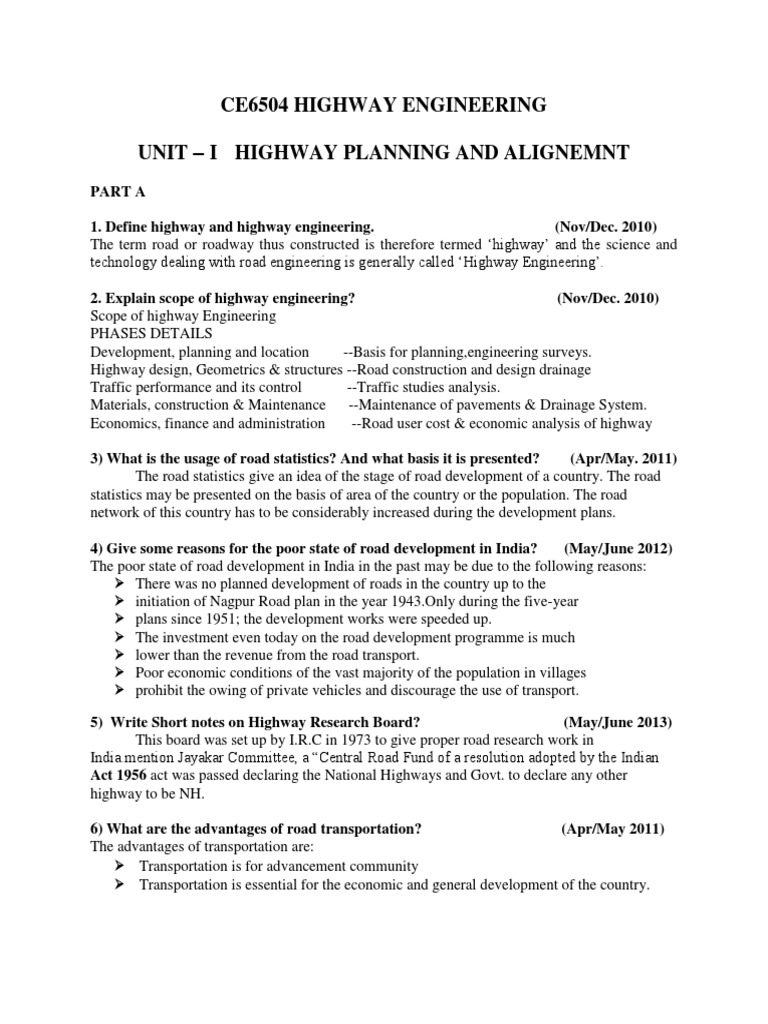 CE6504 HIGHWAY ENGINEERING: Scope and Applications | PDF | Road Surface | Road