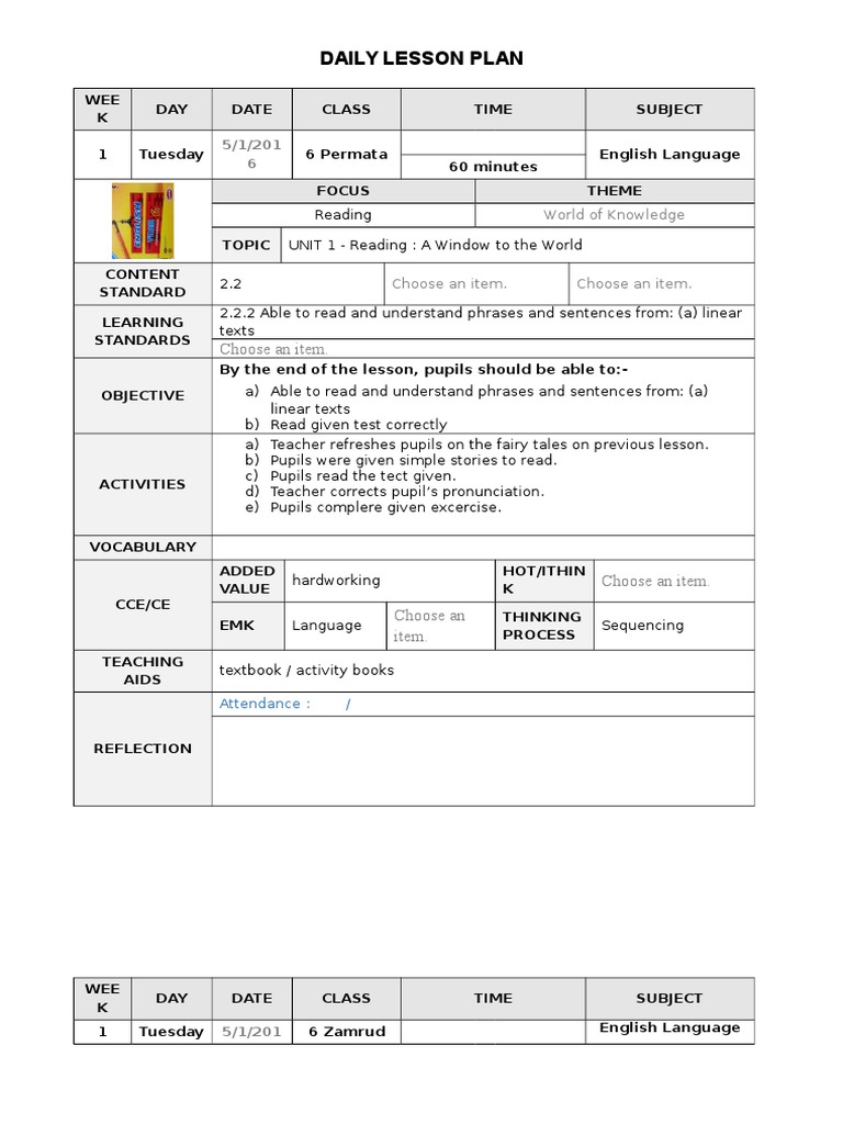 Template Year 6 | PDF | Lesson Plan | English Language