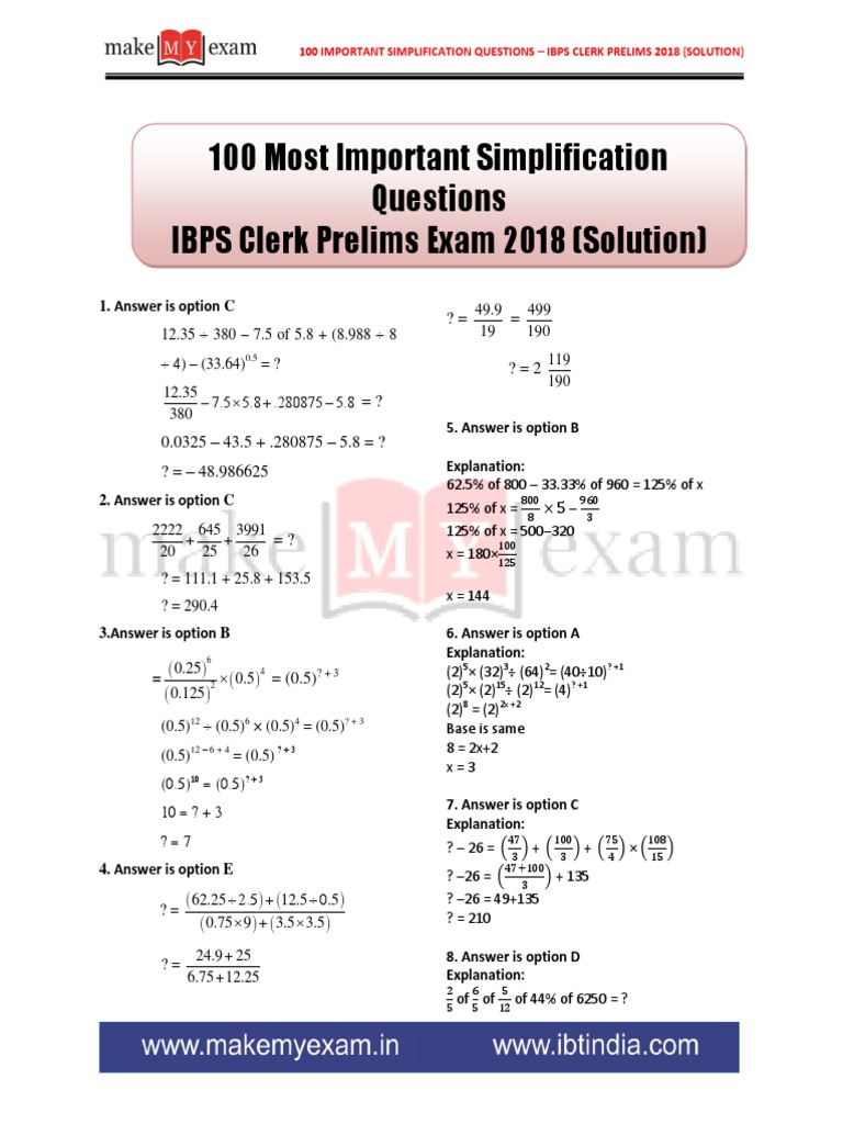 100 Most Important Simplification Questions Pdf Solution Pdf Qualifications