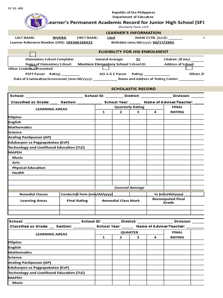 School Form 10 SF10 Learner's Permanent Academic Record for Junior High ...