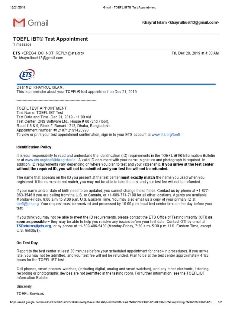 Gmail - TOEFL IBT® Test Appointment | PDF | Test Of English As A ...