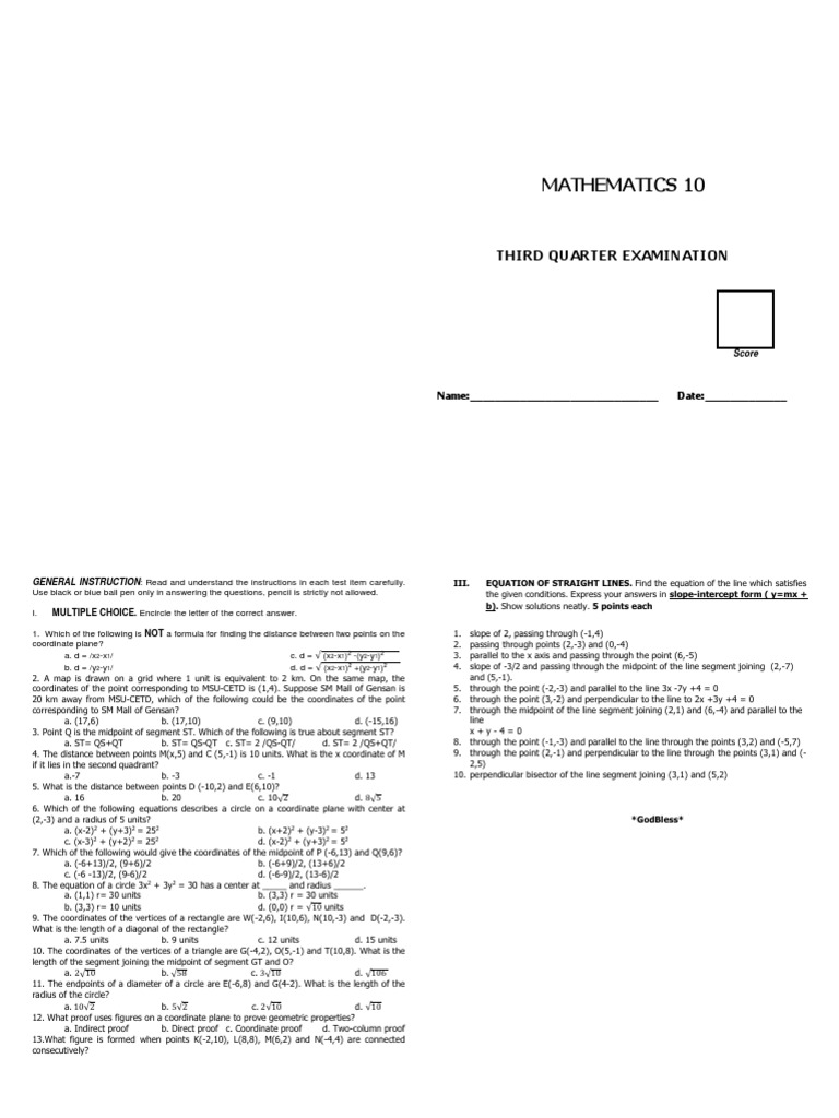 Third Quarter Examination-Math Grade 10 | PDF | Circle | Line (Geometry)