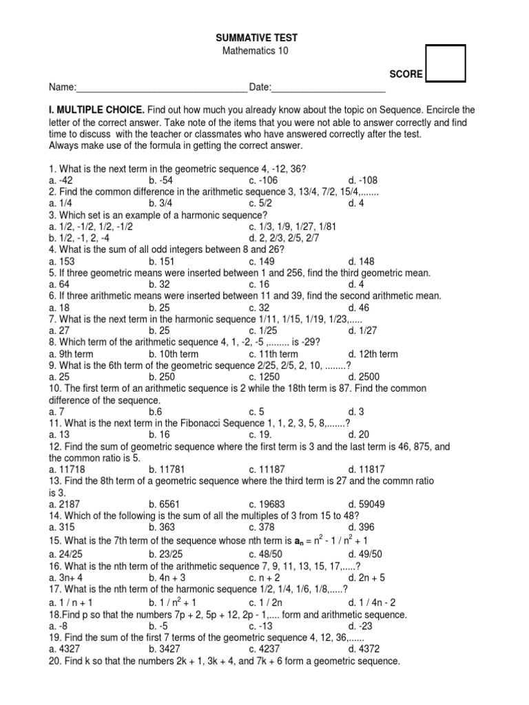 Summative Test Sequence | PDF | Arithmetic Mean | Elementary Mathematics