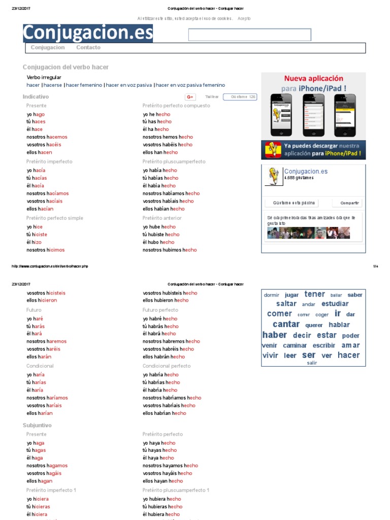 Conjugación del verbo hacer - Conjugar hacer.pdf | PDF | Sintaxis ...