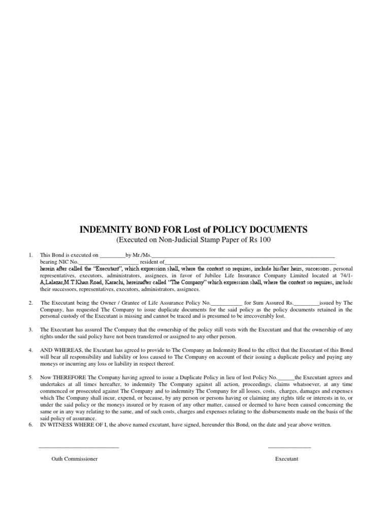 Indemnity Bonds For Lost of Policy Documents PDF | PDF | Indemnity | Life Insurance