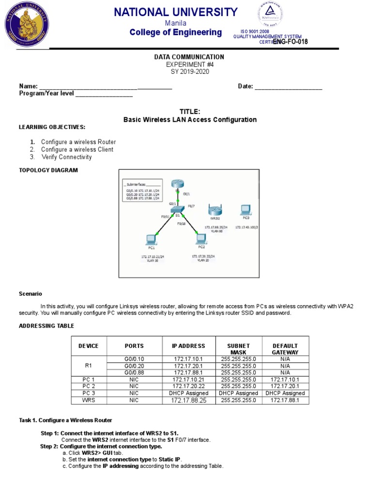 Experiment 4 Basic Wireless Configuration | PDF | Wireless Lan | Ip Address