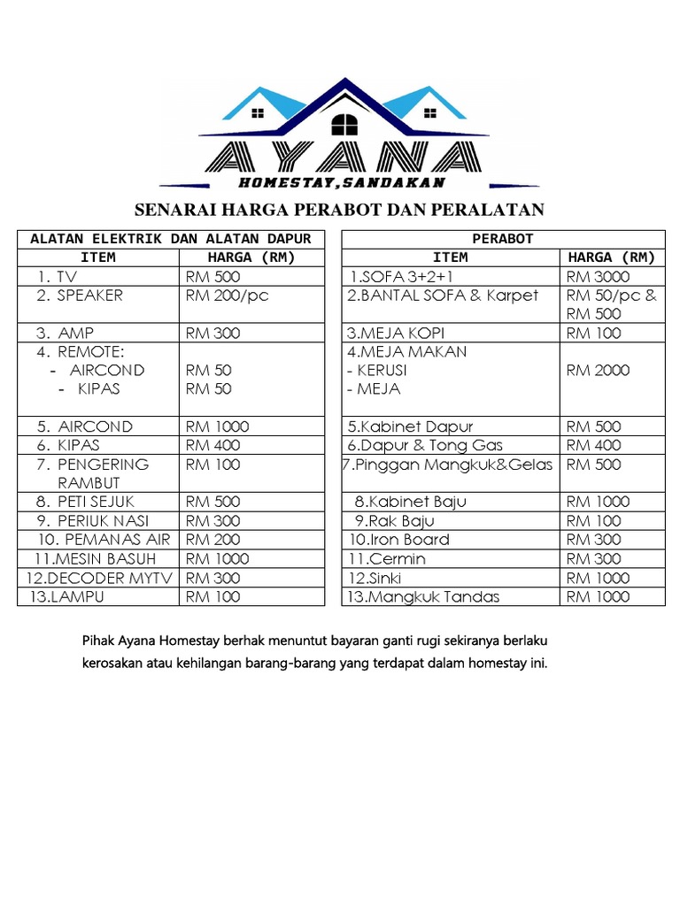 Senarai Harga Perabot Dan Peralatan | PDF