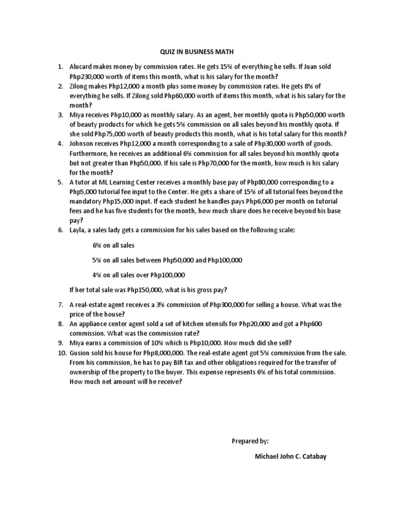 Commission-Based Business Math Quiz | PDF | Real Estate Broker | Government