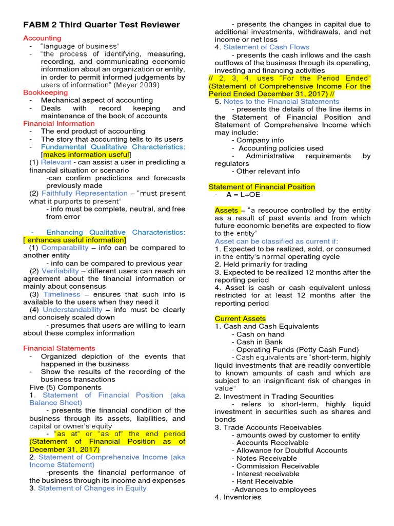 FABM 2 Third Quarter Test Reviewer | PDF | Equity (Finance) | Balance Sheet