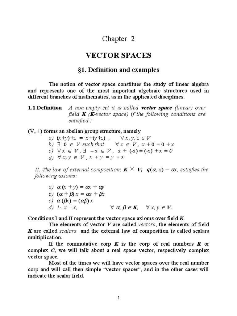 Vector Spaces: 1. Definition and Examples | PDF | Vector Space | Geometry