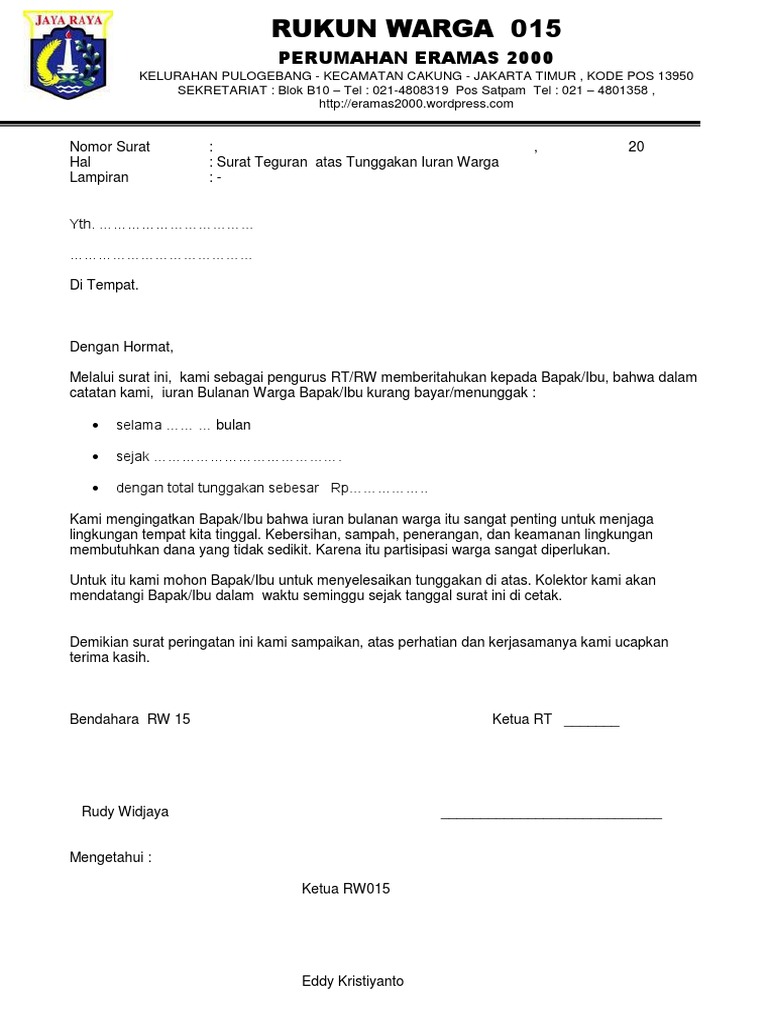 Surat Pemberitahuan Tunggakan Iuran RW | PDF