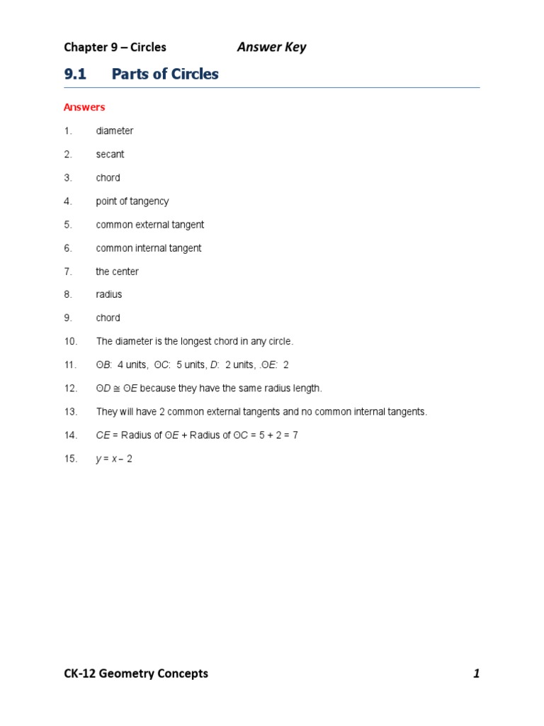 Answer Key - CK-12 Chapter 09 Geometry Concepts PDF | PDF | Circle ...