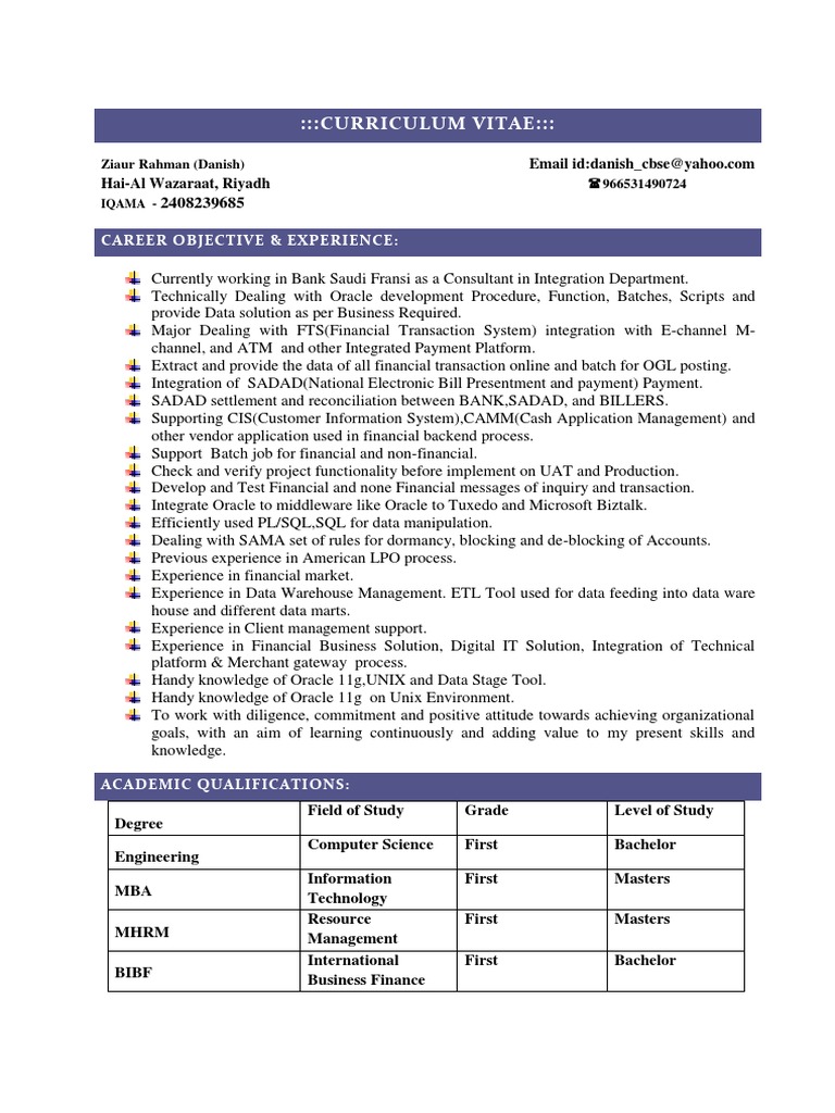 Zia Resume | PDF | Operating System | Oracle Corporation