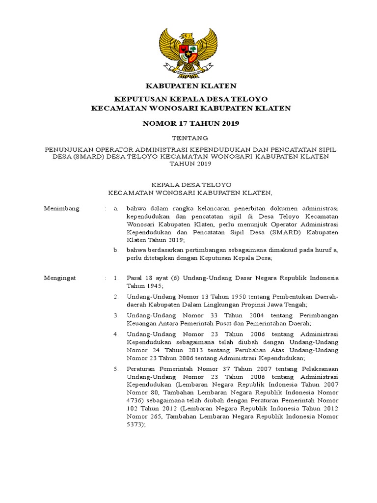 SK Kepala Desa Penunjukan Operator Admindukcapil Desa (SMARD) | PDF