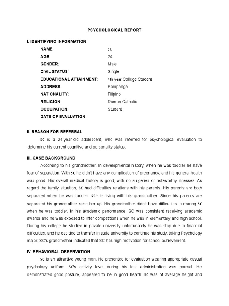 PSYCHOLOGICAL Report | PDF | Psychological Trauma | Anxiety