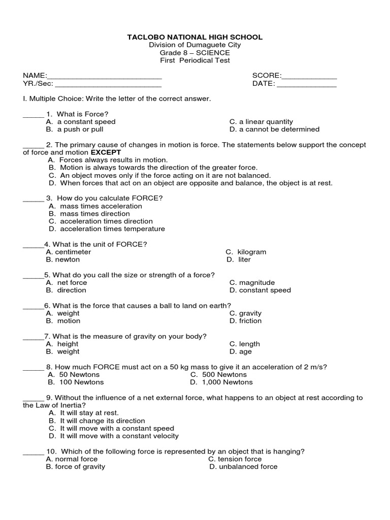 1st Periodical Test Science 8 SY 2019-2020 | PDF | Freezing | Force