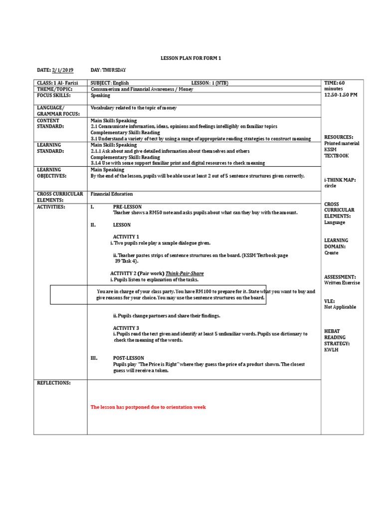English Form 1 Lesson Plan | PDF | Lesson Plan | English Language