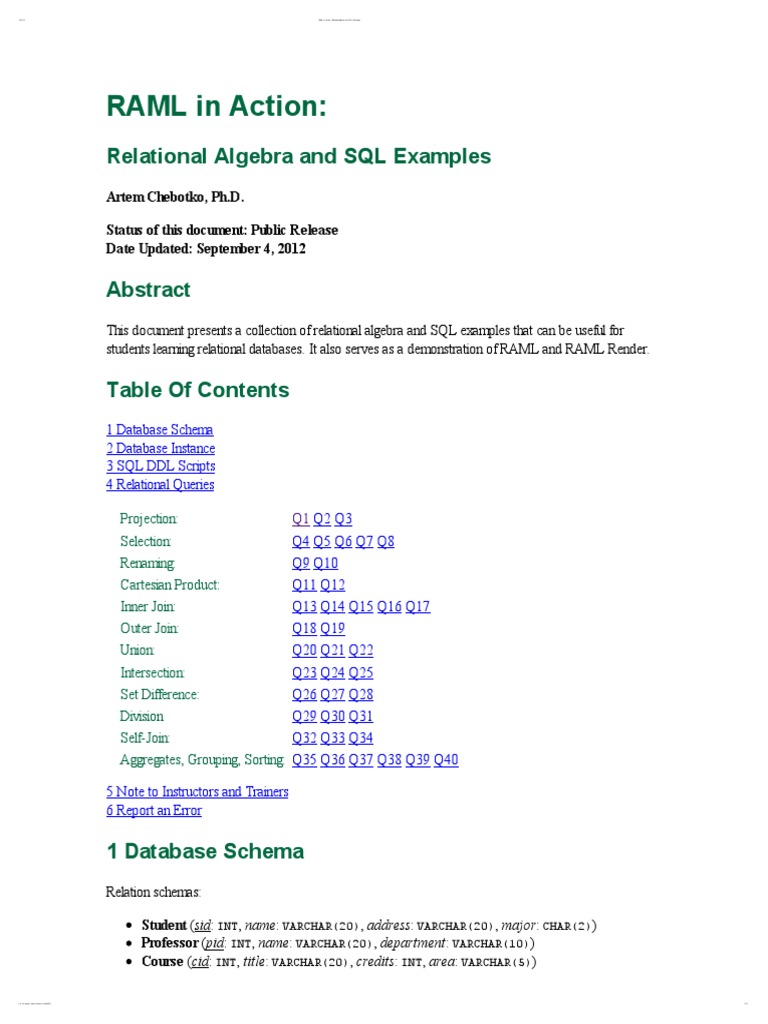 RAML in Action - Relational Algebra and SQL Examples PDF | PDF ...