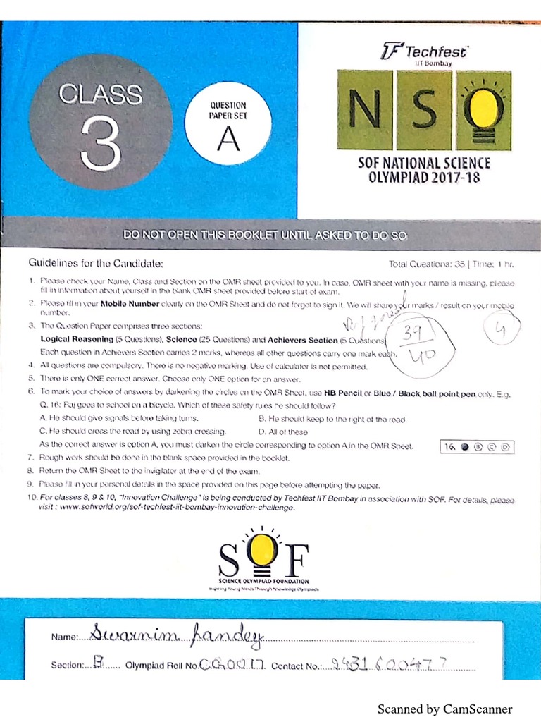 Nso 2017-18 Set-A Class-3 | PDF