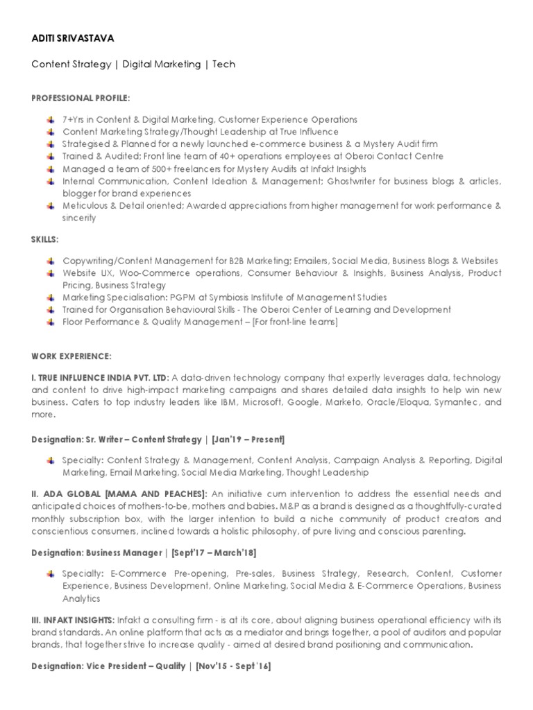 Aditi Resume 2019 | PDF | Customer Experience | Marketing