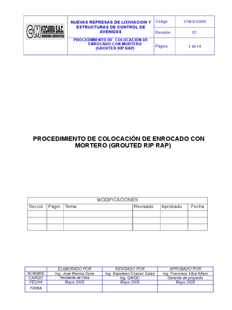 Procedimiento de Colocación de Enrocado Con Mortero (Grouted Rip Rap ...