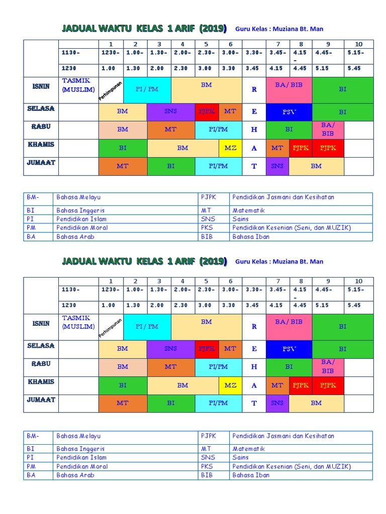 Template Jadual Waktu Kelas | PDF