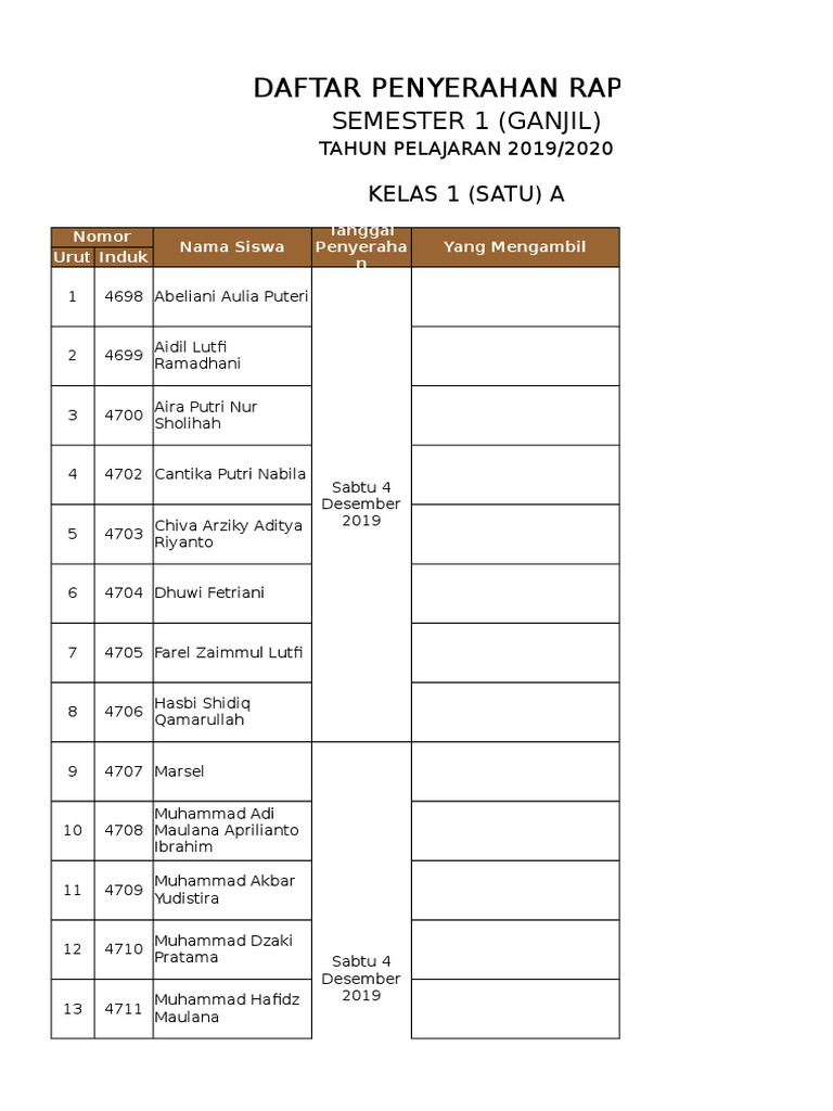 Daftar Penyerahan Raport Semester 1 | PDF