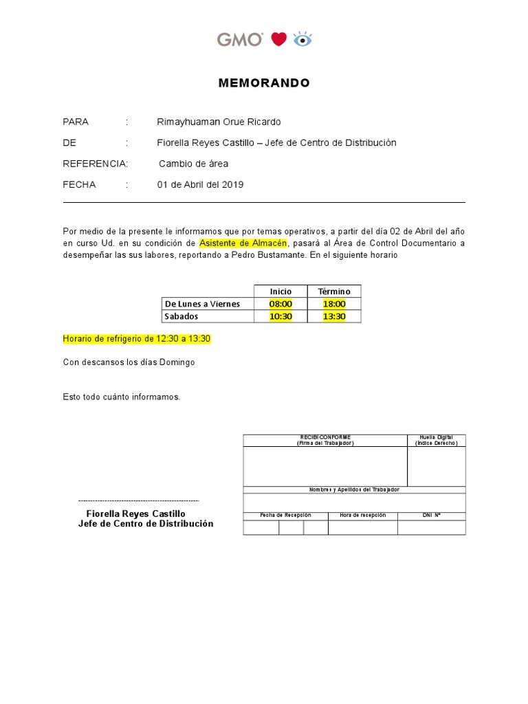 MODELO - MEMORANDO - Informativo Cambio de Área CD | PDF