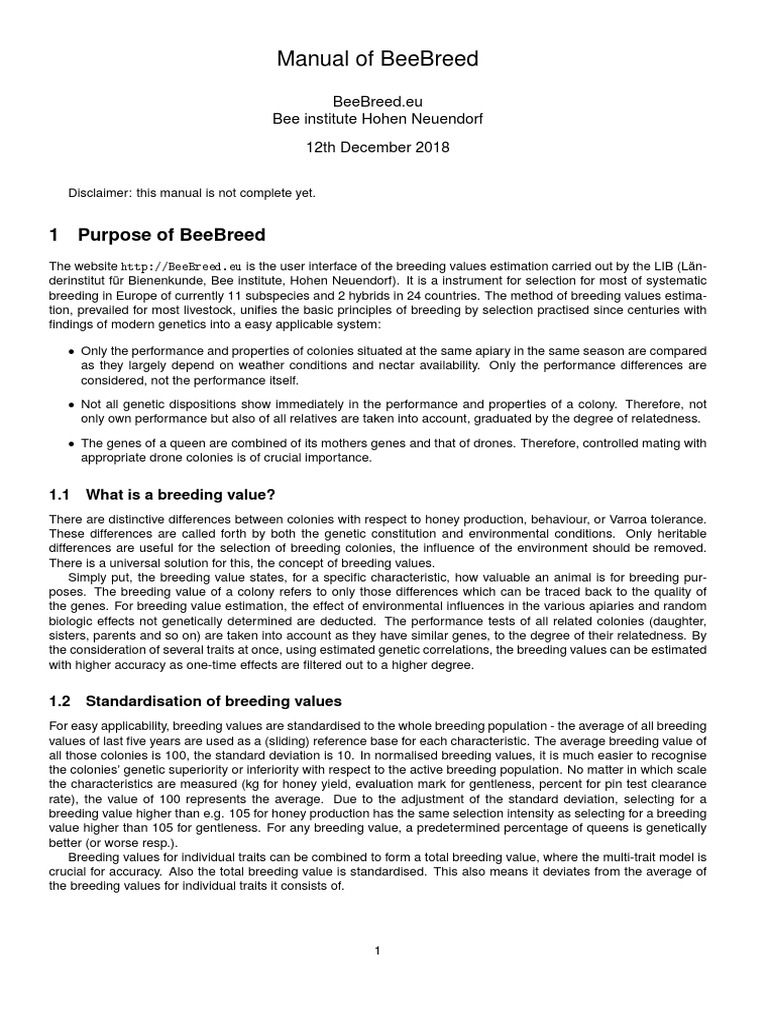 BeeBreed Manual Provides Overview of Bee Breeding Values | PDF ...