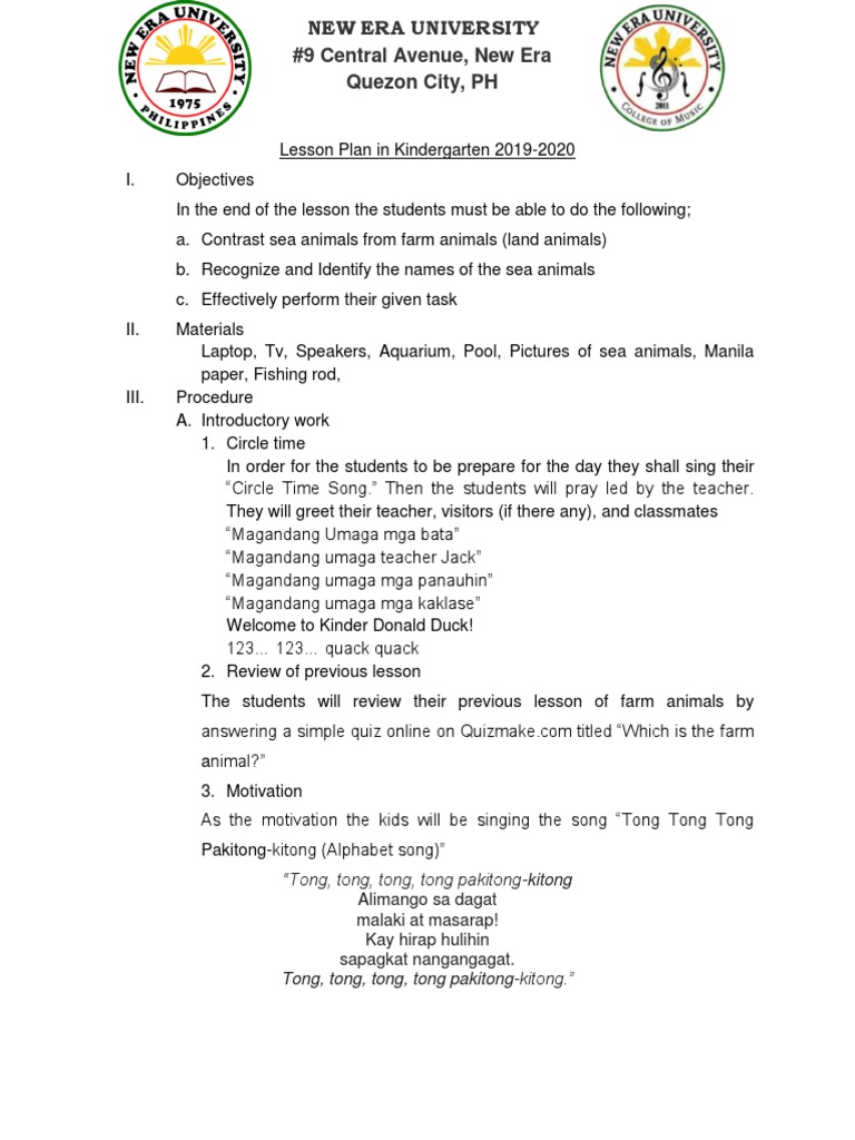 Lesson Plan Sea Animals | PDF | Learning