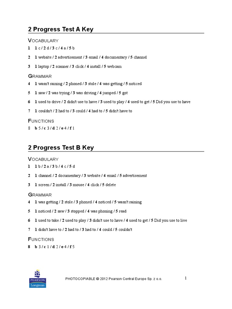 Progress Test 2 Key | PDF