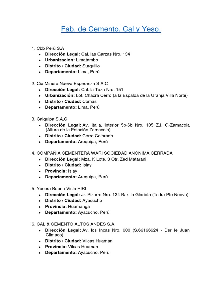 Fabricas de Cal y Yeso | PDF | Perú | Materiales de construcción
