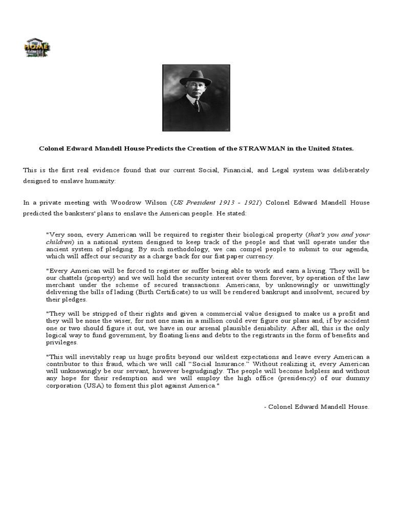 Edward Mandell House Predicts Creation of STRAWMAN PDF | PDF
