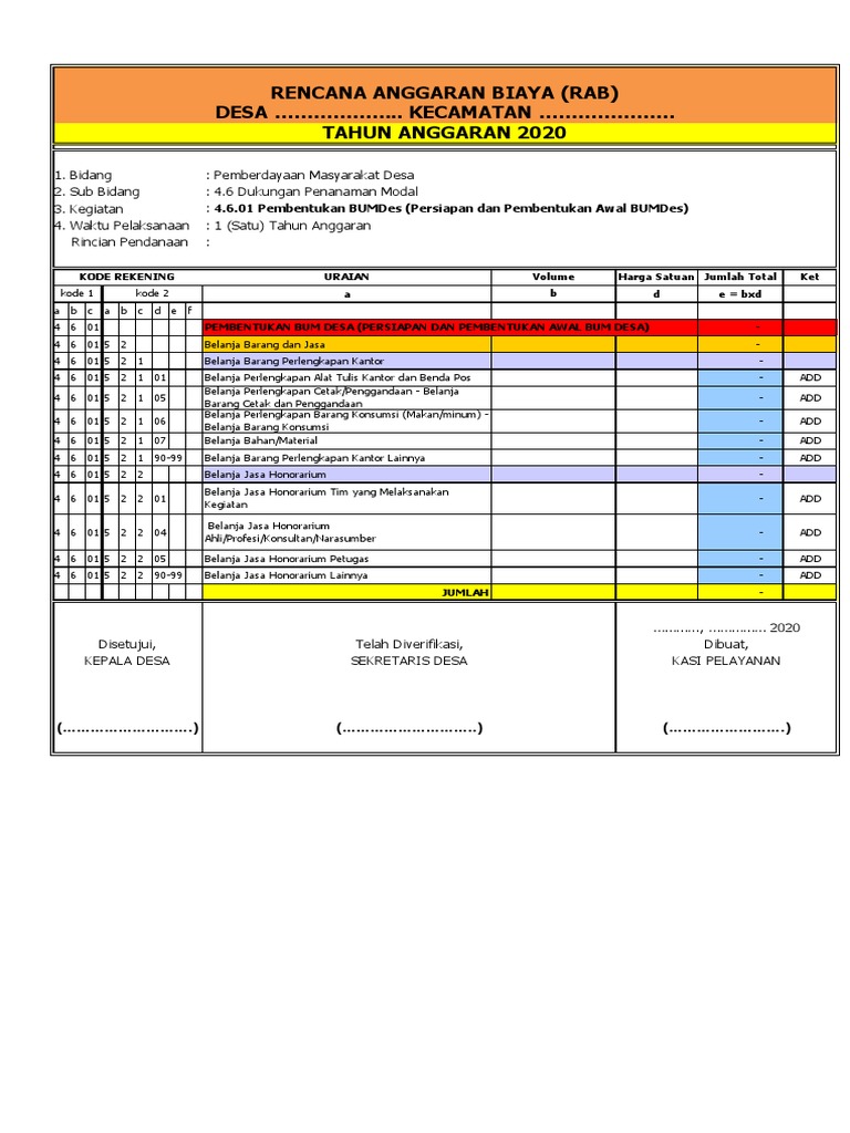 4.6.01 RAB Pembentukan BUM DESA | PDF | Pengelolaan Keuangan & Uang