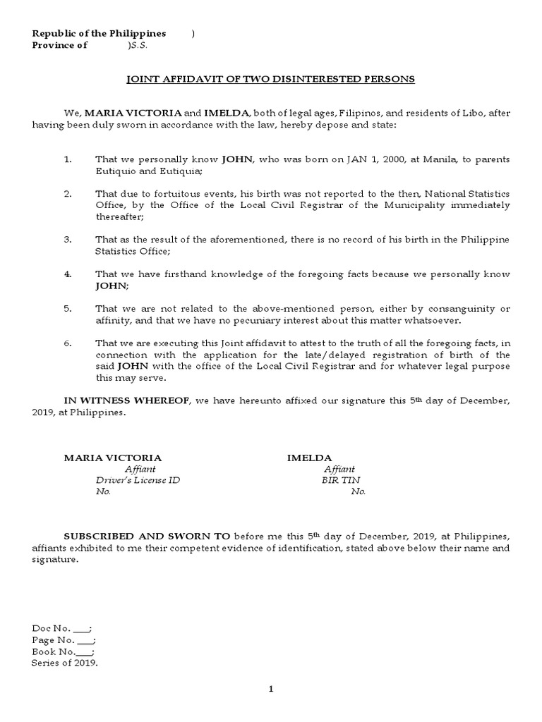 Affidavit of Two Disinterested Persons Sample | PDF