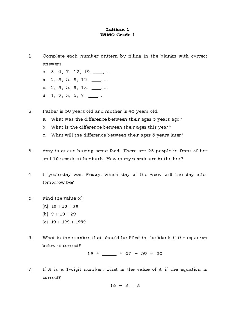Latihan WIMO Chester Grade 1 | PDF | Triangle | Numbers