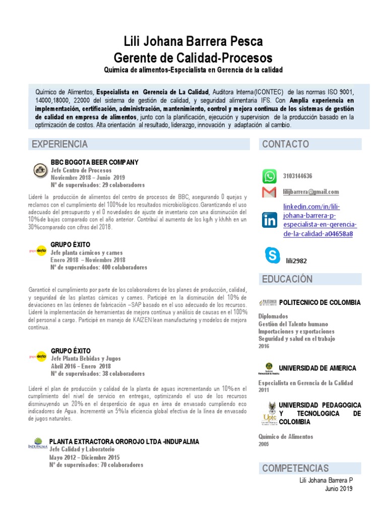 CV LILI JOHANA BARRERA Junio 2019 | PDF | Agua | Business