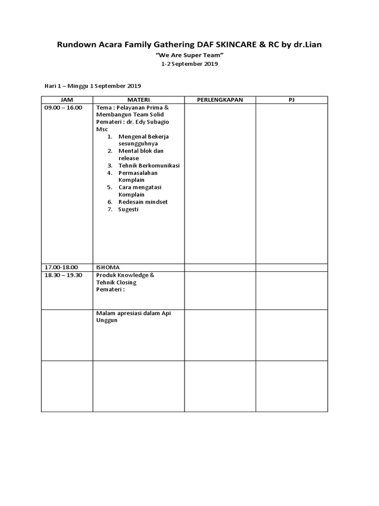 Rundown Acara Family Gathering DAF SKINCARE & RC | PDF