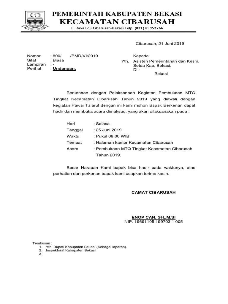 Surat Undangan Pembukaan Pawai Taaruf MTQ 2019 | PDF