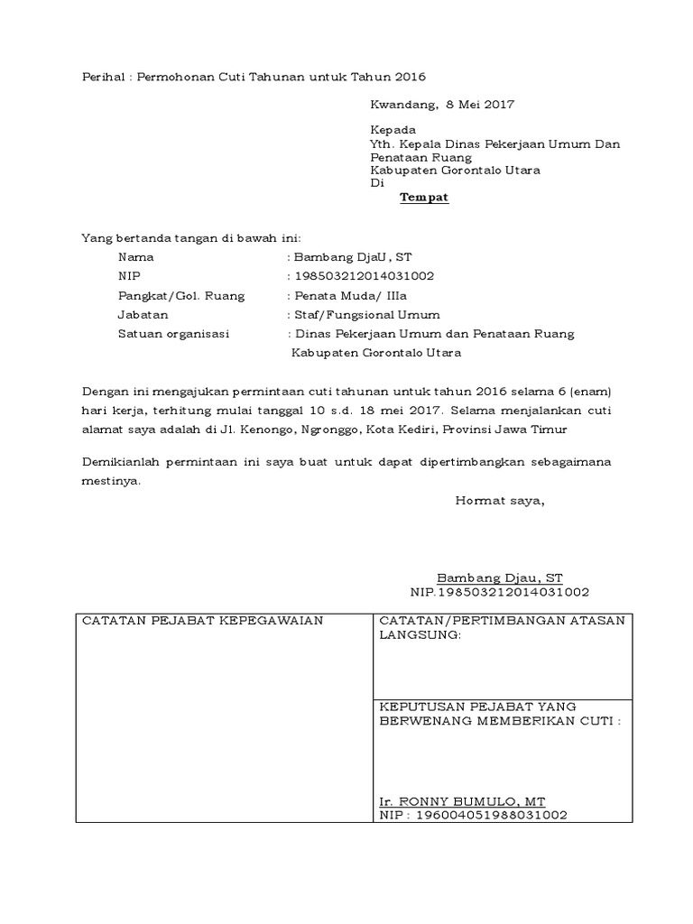 Contoh Permohonan Cuti | PDF