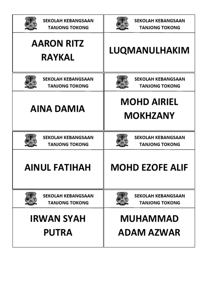 Tag Nama Murid Tahun 1 | PDF